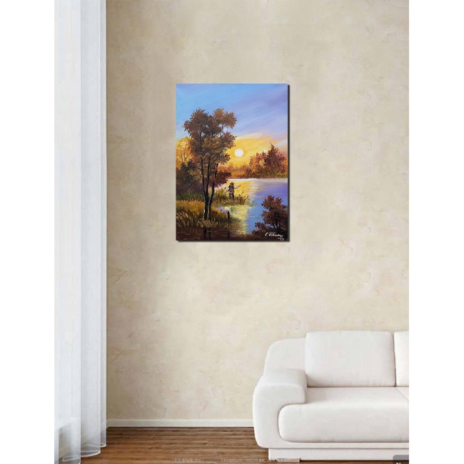 Tablou pictat manual Artnova, Pescarul norocos, apus de soare, pictura ...