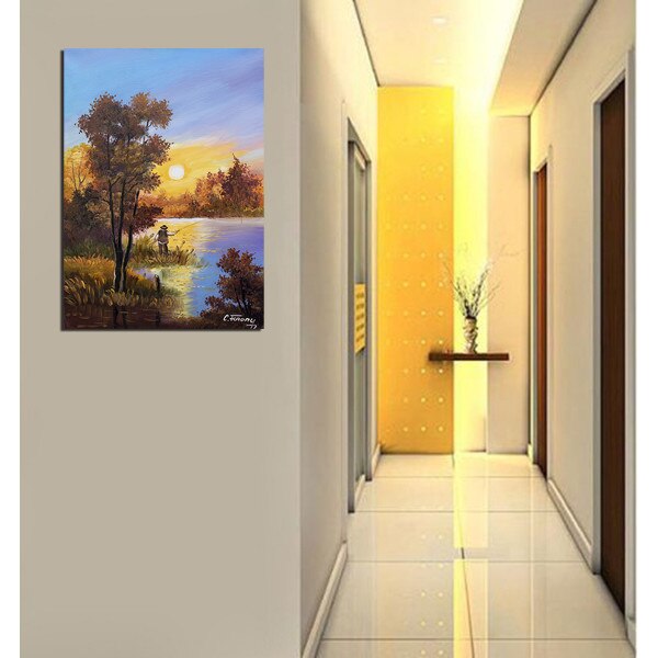 Tablou pictat manual Artnova, Pescarul norocos, apus de soare, pictura ...