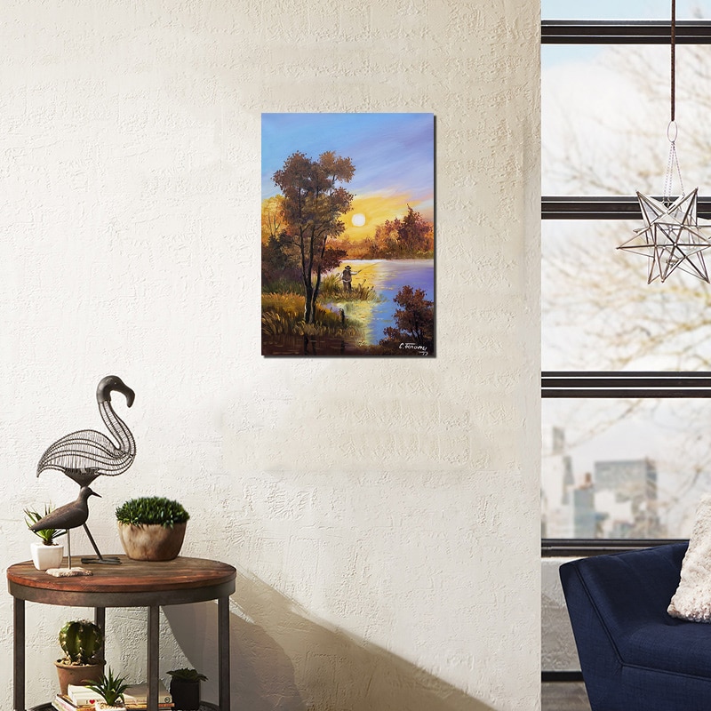 Tablou pictat manual Artnova, Pescarul norocos, apus de soare, pictura ...