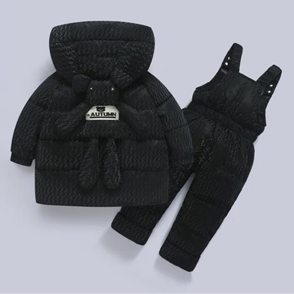 Costum de iarna Cynos pentru copii cu ursulet si gluga, umplut cu puf ...