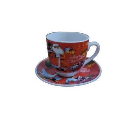 Set cesti cafea cu farfurie, model Craciun, 90 ml, Rosu - eMAG.ro