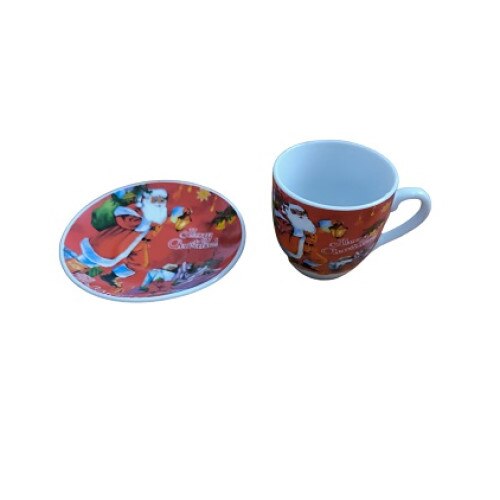 Set cesti cafea cu farfurie, model Craciun, 90 ml, Rosu - eMAG.ro