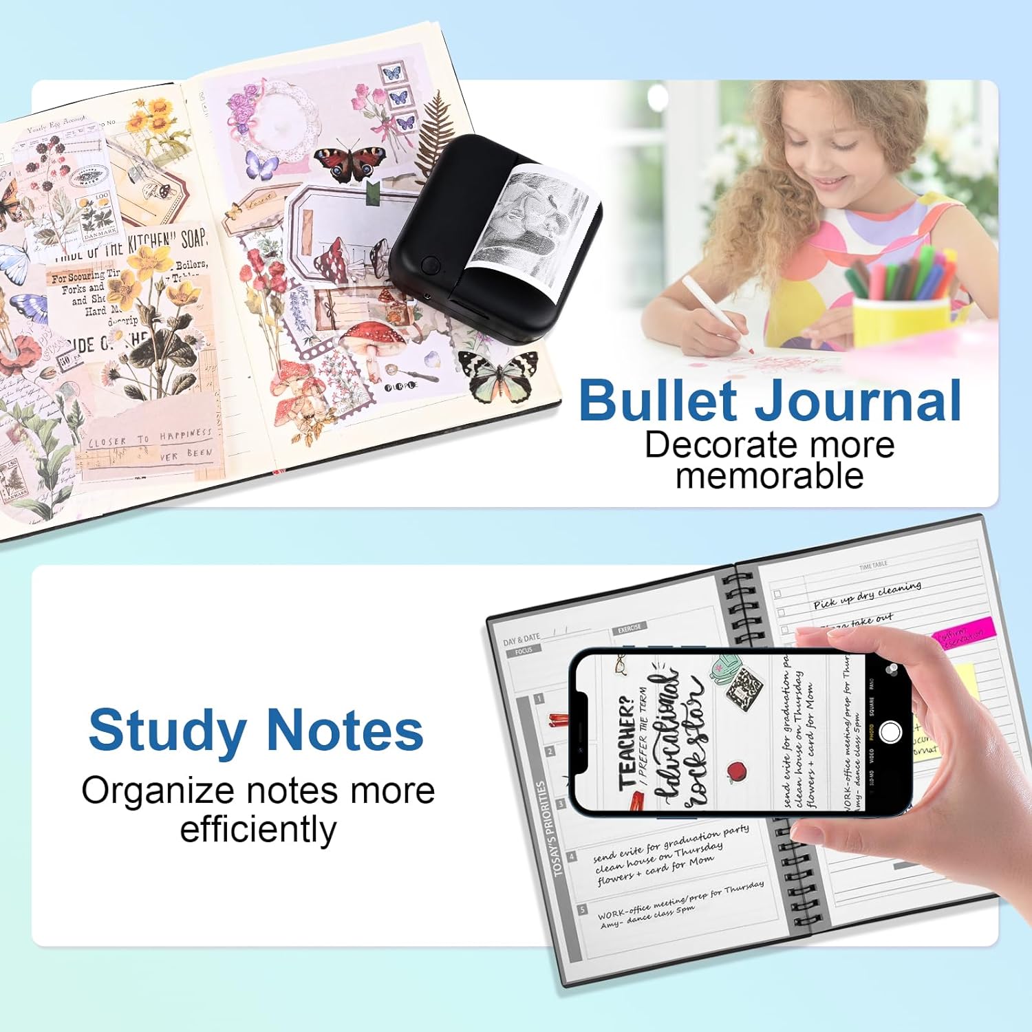 Set Mini imprimanta termica si 13 role hartie 57x25mm, Set de stilouri ...