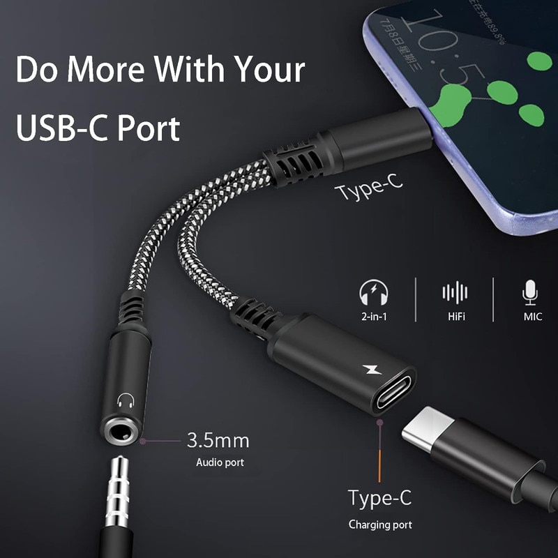 Adaptor telefon mobil, USB-C/Jack 3.5mm, 2in1, 60W, Negru - eMAG.ro