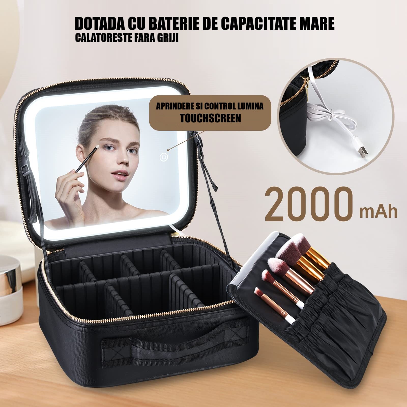 Geanta cosmetica pentru make-up cu oglinda detasabila si iluminare LED ...