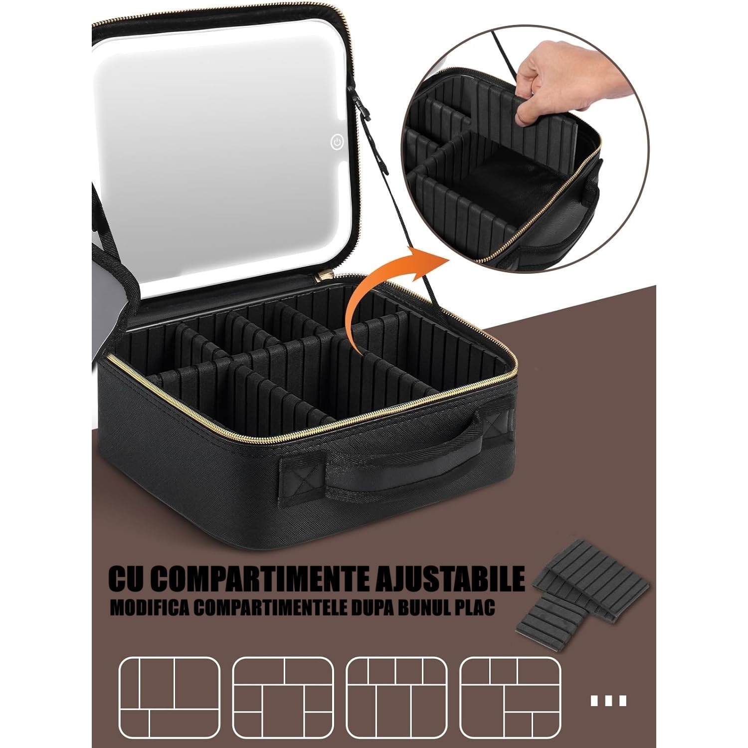 Geanta cosmetica pentru make-up cu oglinda detasabila si iluminare LED ...