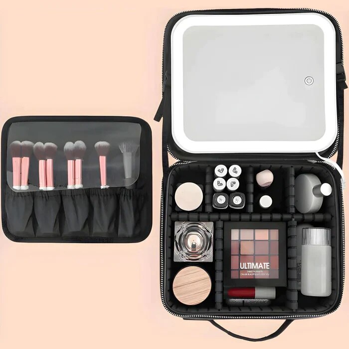 Geanta cosmetica pentru make-up cu oglinda detasabila si iluminare LED ...