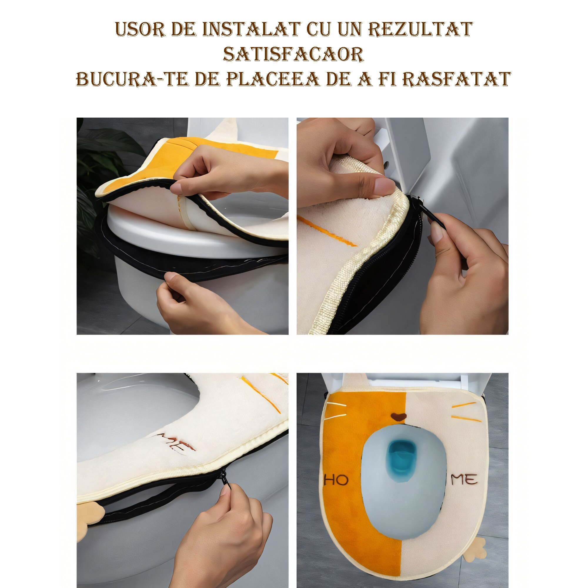 Husa colac WC, moale, cu fermoar, Crem cu Alb, din Bumbac pufos si ...