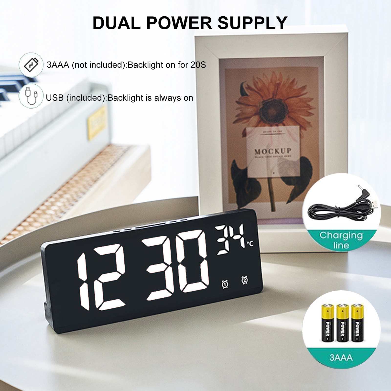 Ceas Electronic de Masa cu Lumina Led, Zggzerg, Afisaj al temperaturii ...