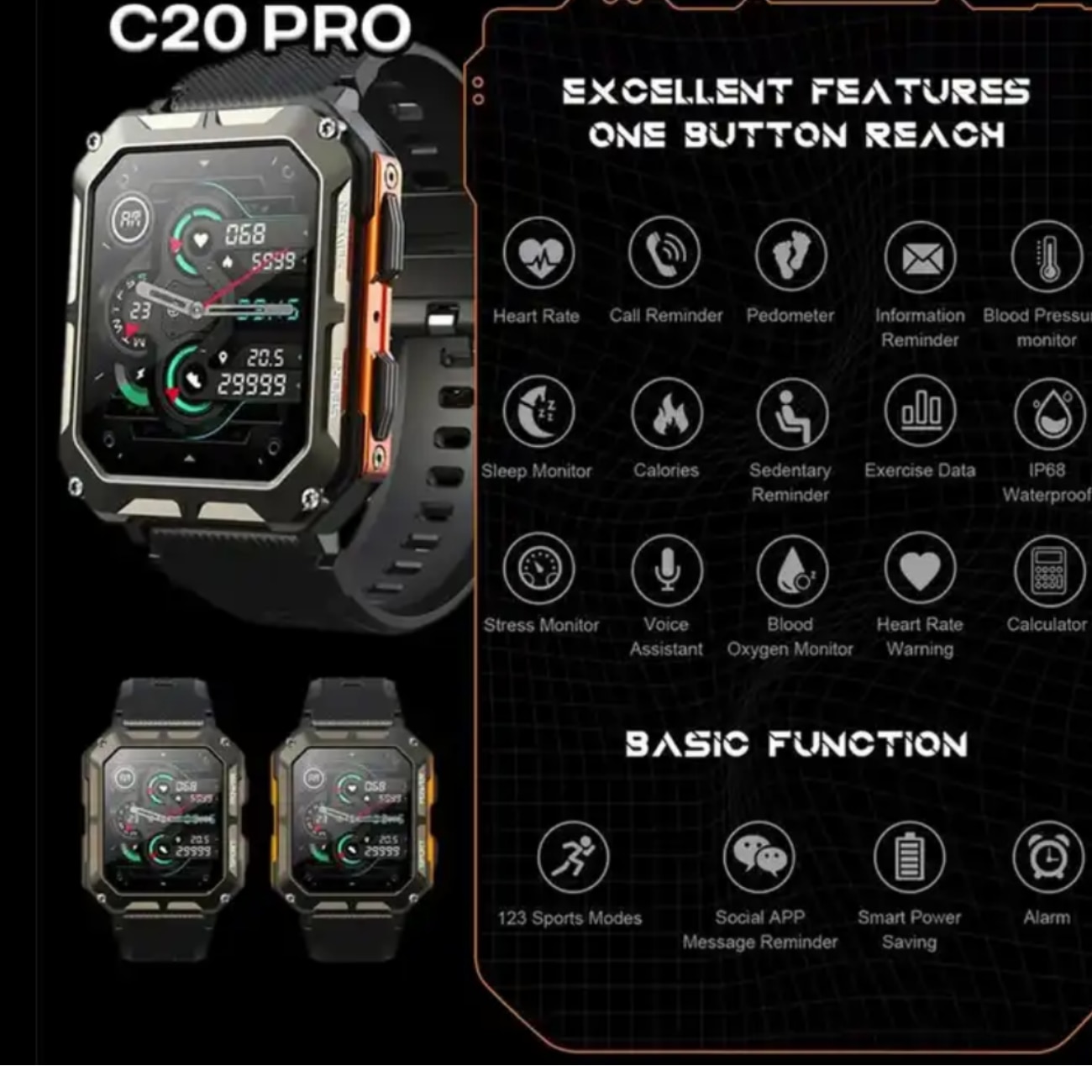 Smartwatch RoHS® C20 Pro Negru, 1.83 inch, Apel bluetooth, Bluetooth 5.0, Ritm cardiac, SpO2 ...
