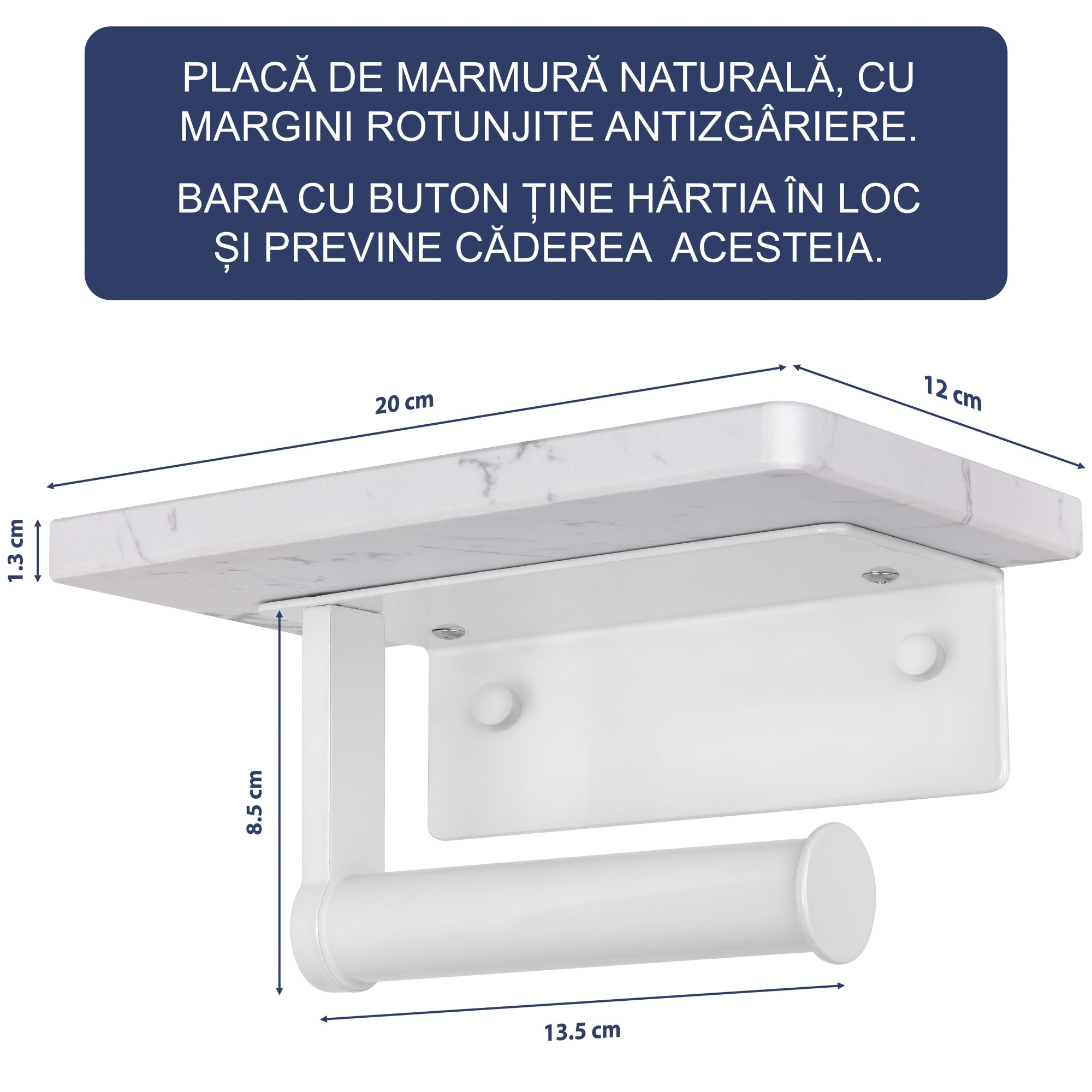 Suport Rola Hartie Igienica FizioTab® din Metal cu Raft din Marmura ...