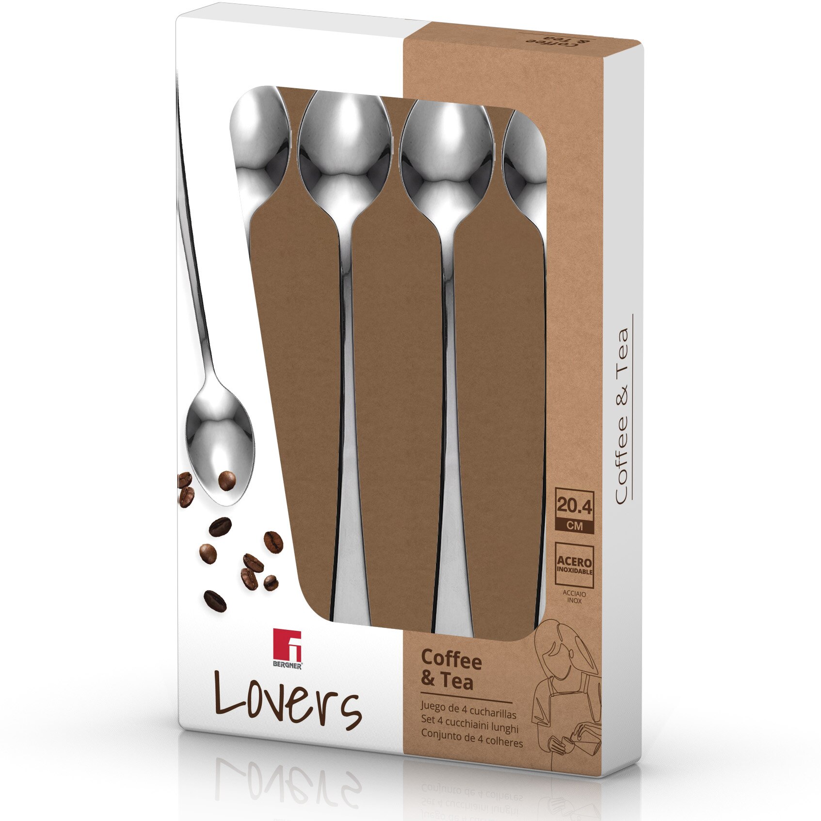 Комплект 4 лъжички за лате Bergner Coffee&Tea lovers, Неръждаема ...