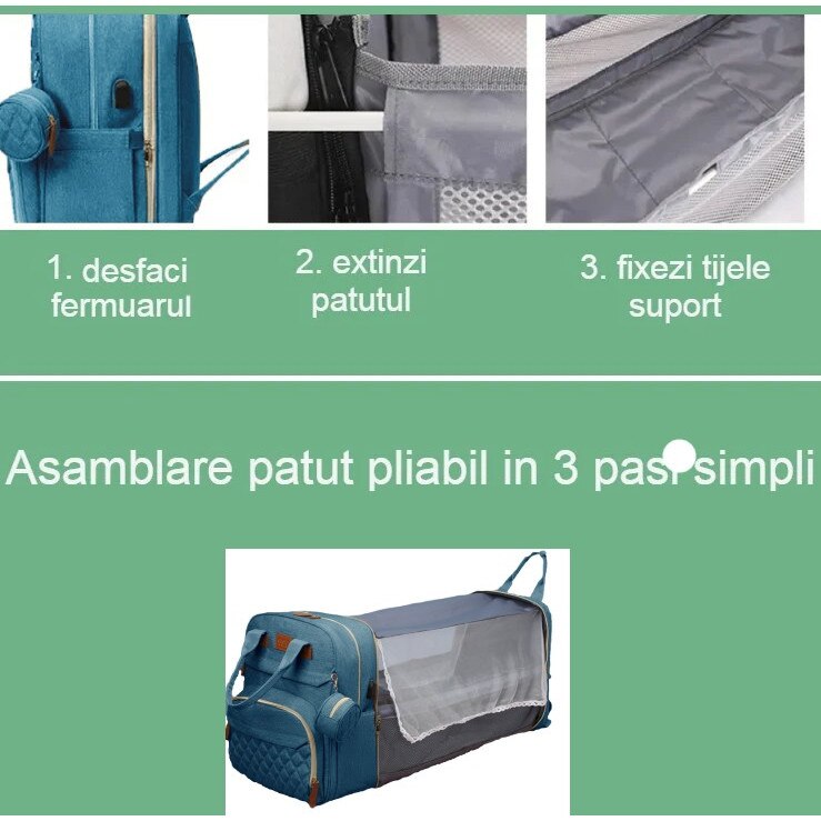 Geanta Bebe tip rucsac scutece cu patut pliabil, Rounded, turquoise ...