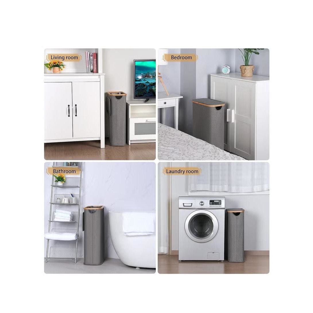 Cos mare de rufe, cu capac, cu manere din bambus, pentru haine si ...