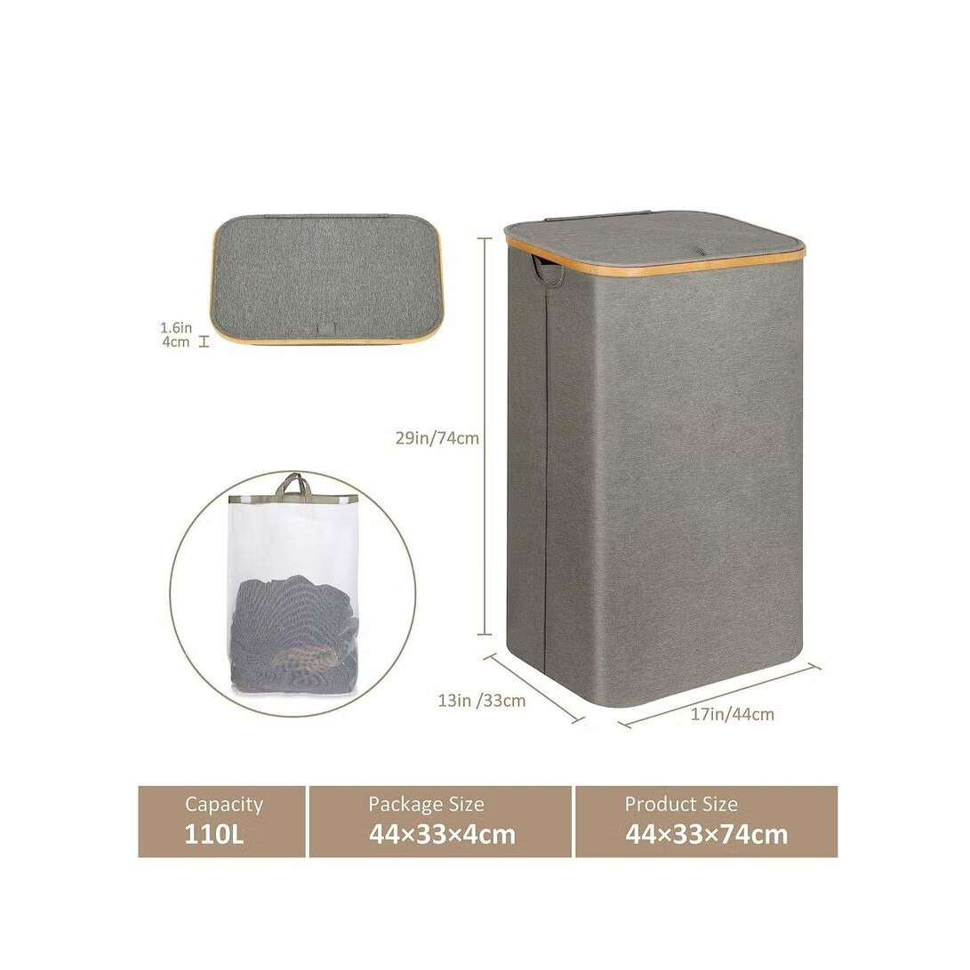 Cos mare de rufe, cu capac, cu manere din bambus, pentru haine si ...