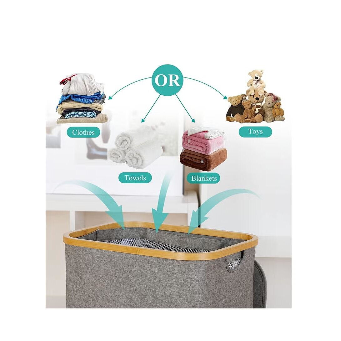 Cos mare de rufe, cu capac, cu manere din bambus, pentru haine si ...