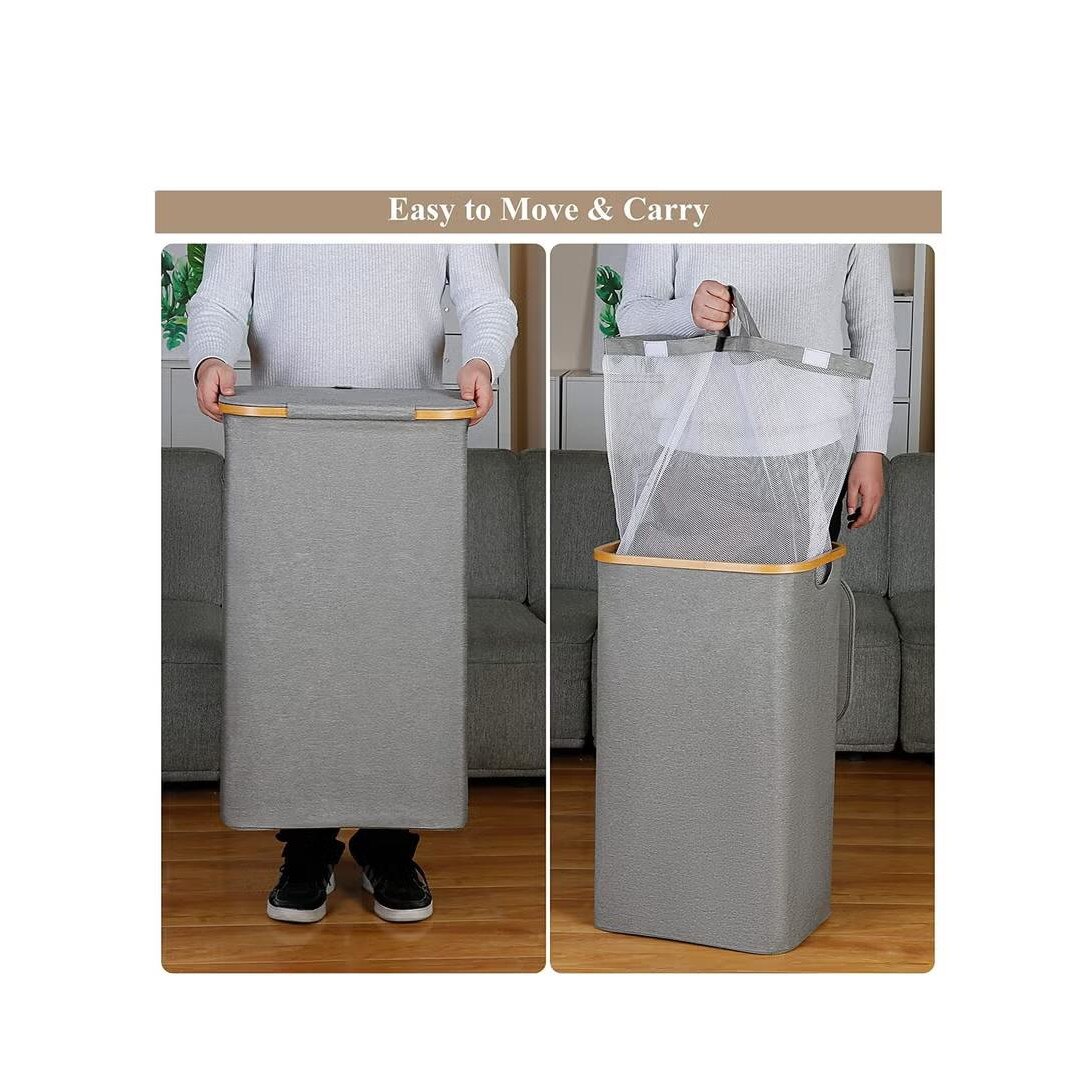 Cos mare de rufe, cu capac, cu manere din bambus, pentru haine si ...