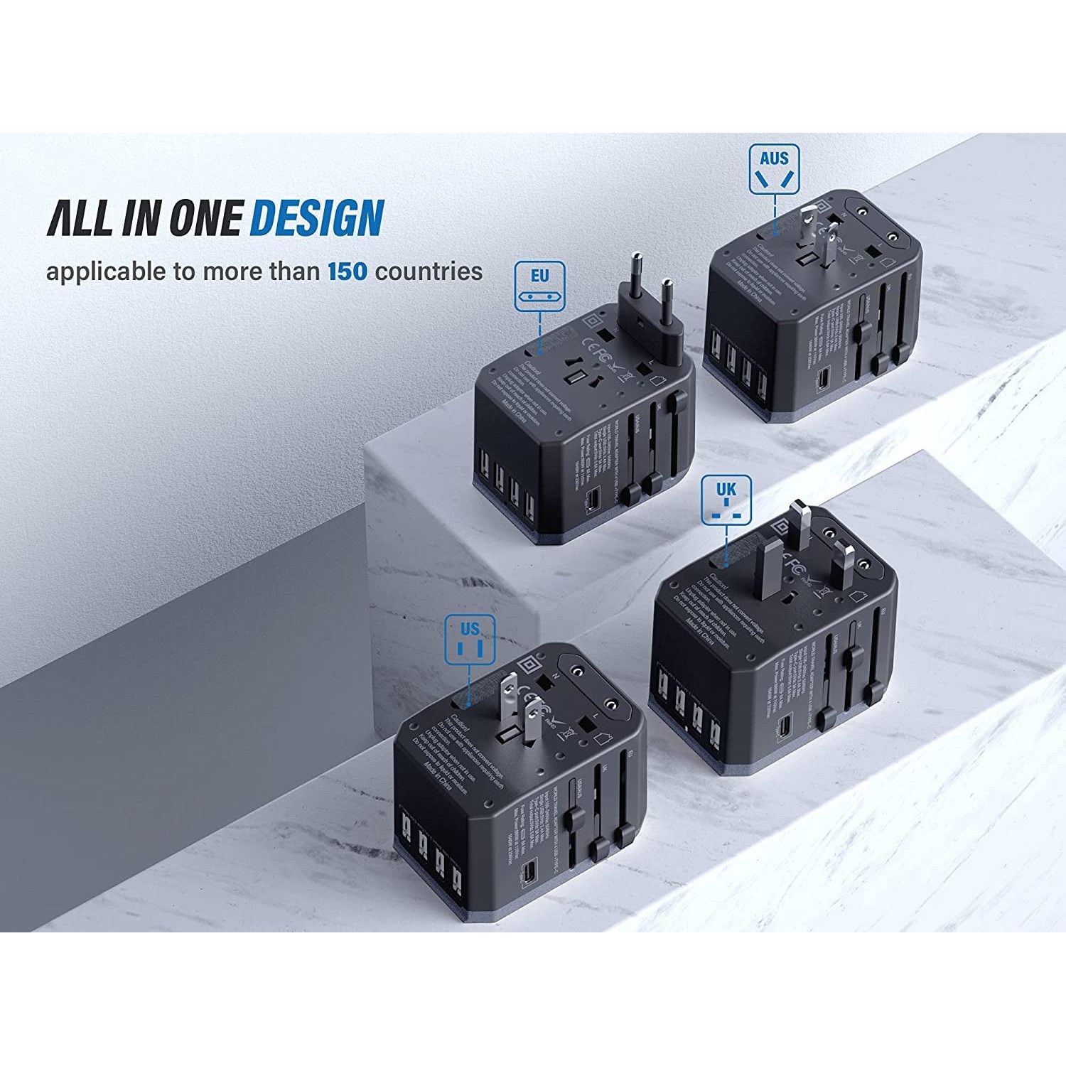 Щепсел адаптер, USB C/USB A, за САЩ/ЕС/Великобритания/Австралия, сив ...