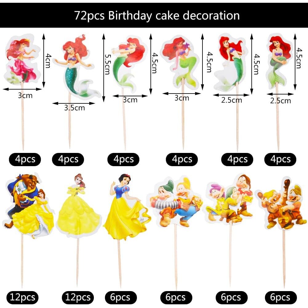 Decoratiune tort, 72 bucati, tematica Disney, mica Sirena, Cenusareasa ...