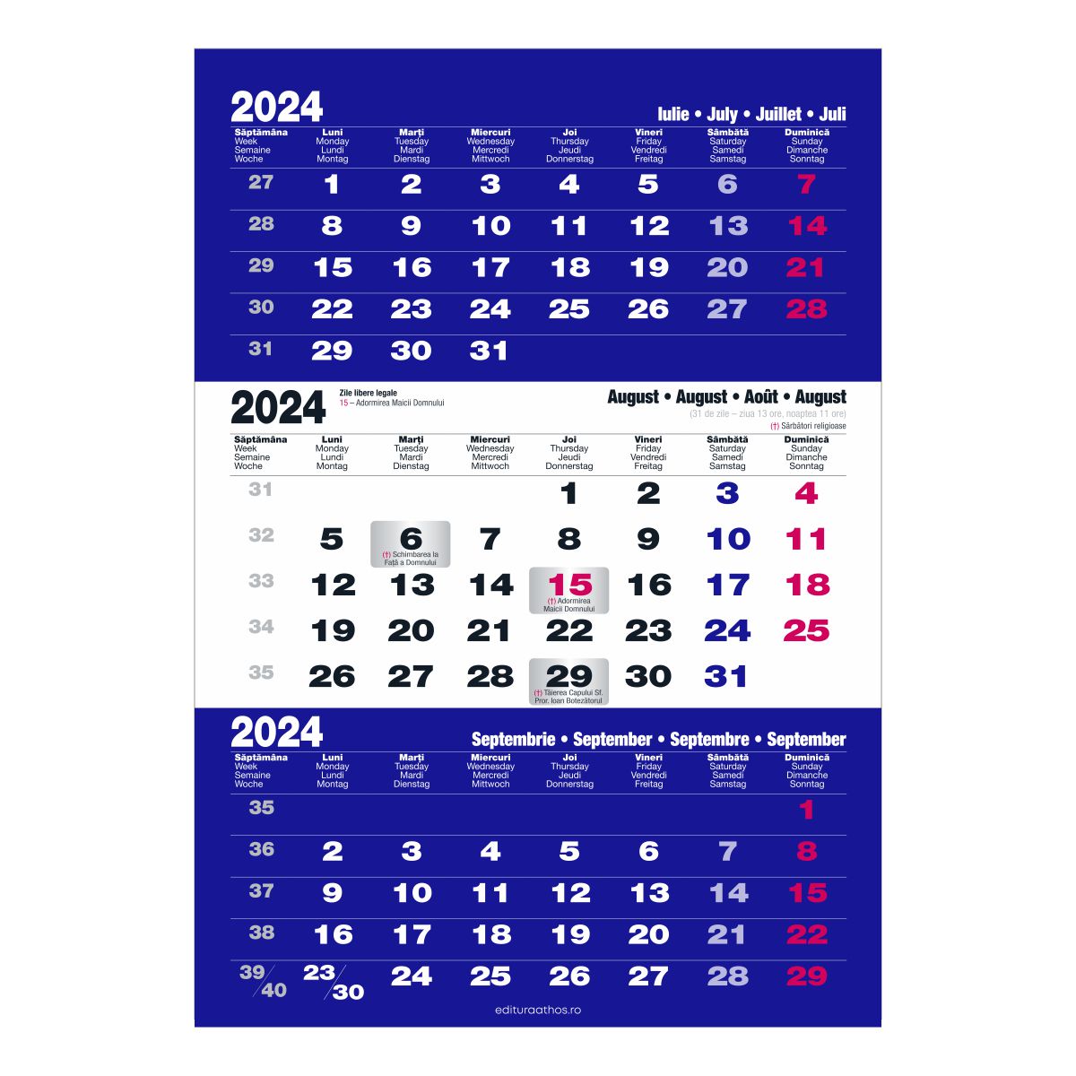 Calendar de perete 2024, Triptic Albastru, format B3, 33x47 cm, 3 luni ...