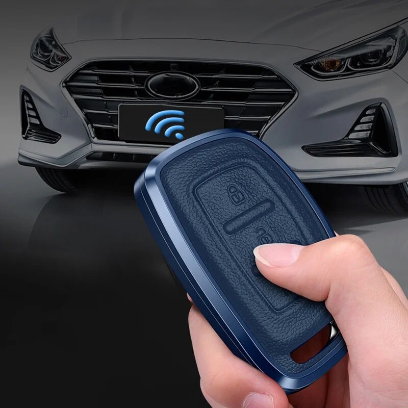 Husa aluminiu cu piele albastru pentru cheie smart Hyundai IX30 IX35 ...