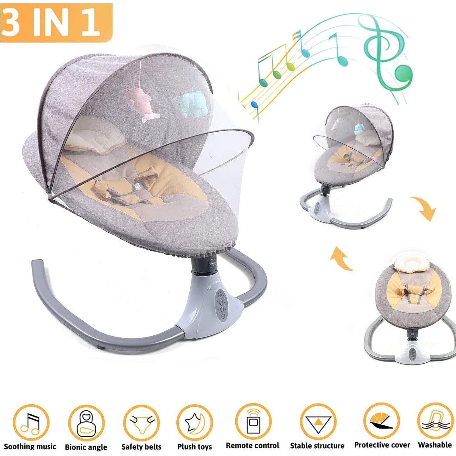 Balansoar pentru bebelusi, Senmase, Electric, Bluetooth, Gri - eMAG.ro