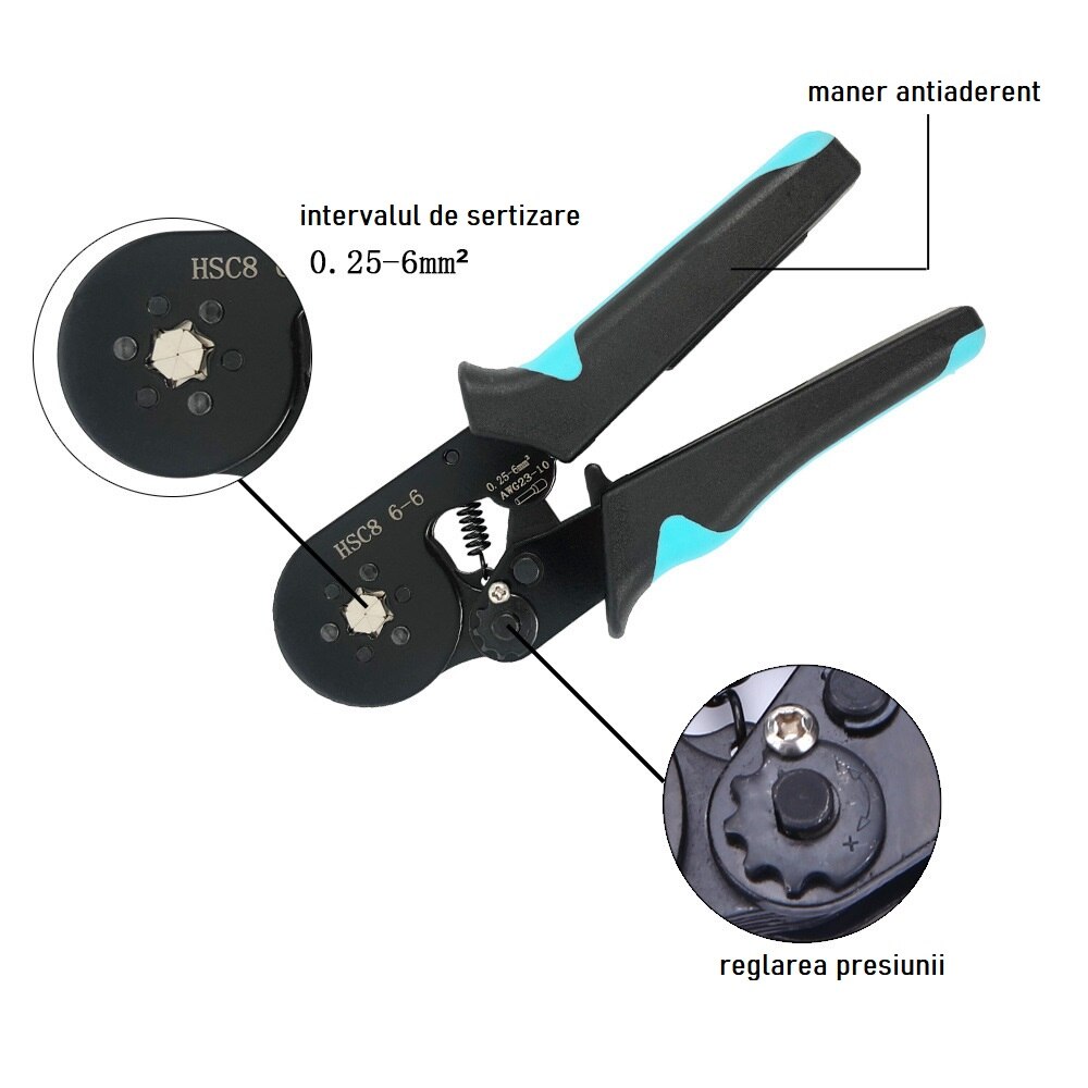 Cleste de sertizare pini, model HSC8 6-6A, 6 falci, 0.25-6 mm, Negru ...