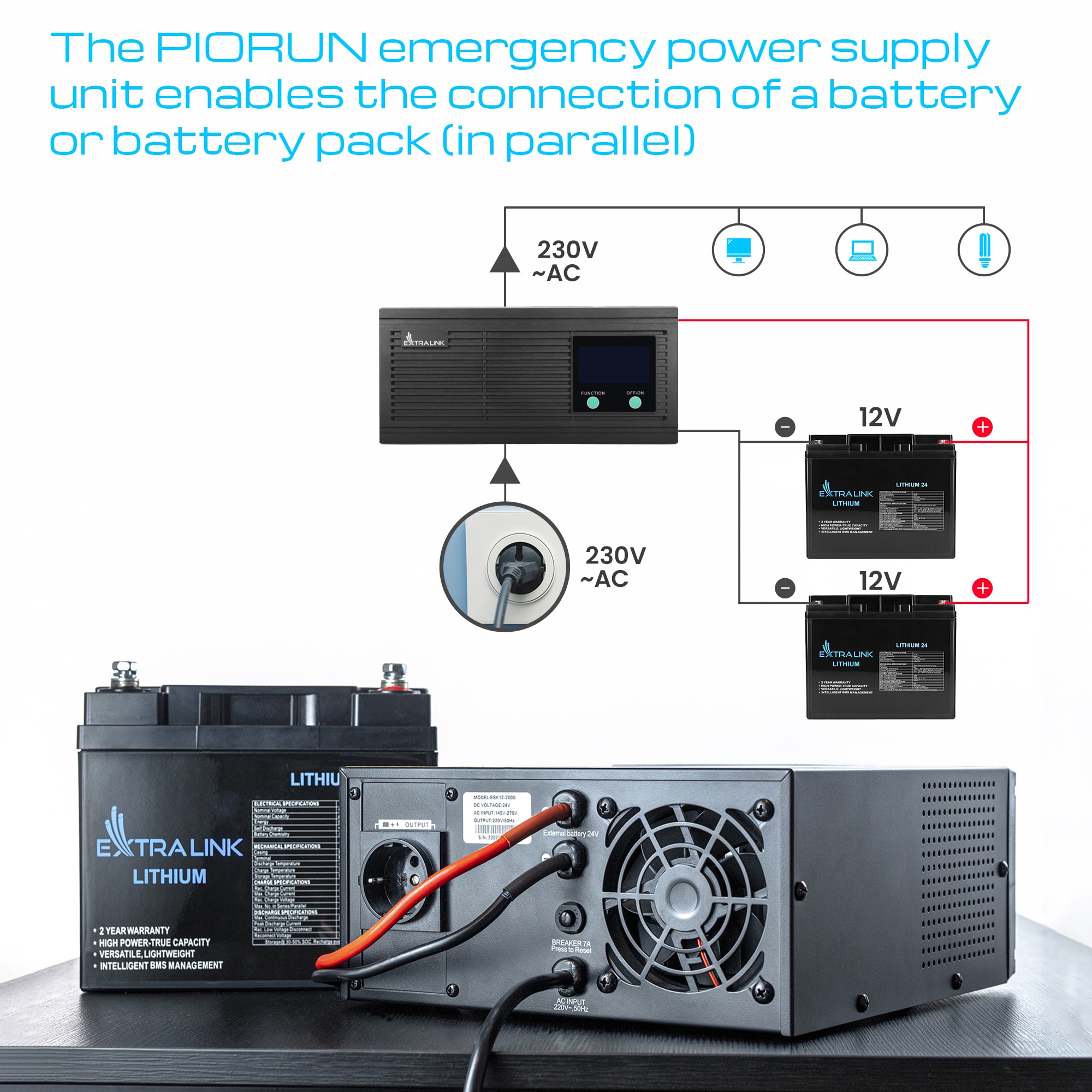 Set Extralink Piorun 3000VA/2100W Invertor + 2x Baterie Extralink AGM ...