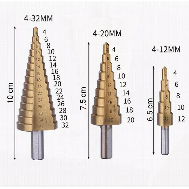 Set 3 burghie in trepte, HSS 4-12, 4-20, 4-32mm, cu husa, Amio 03271 ...