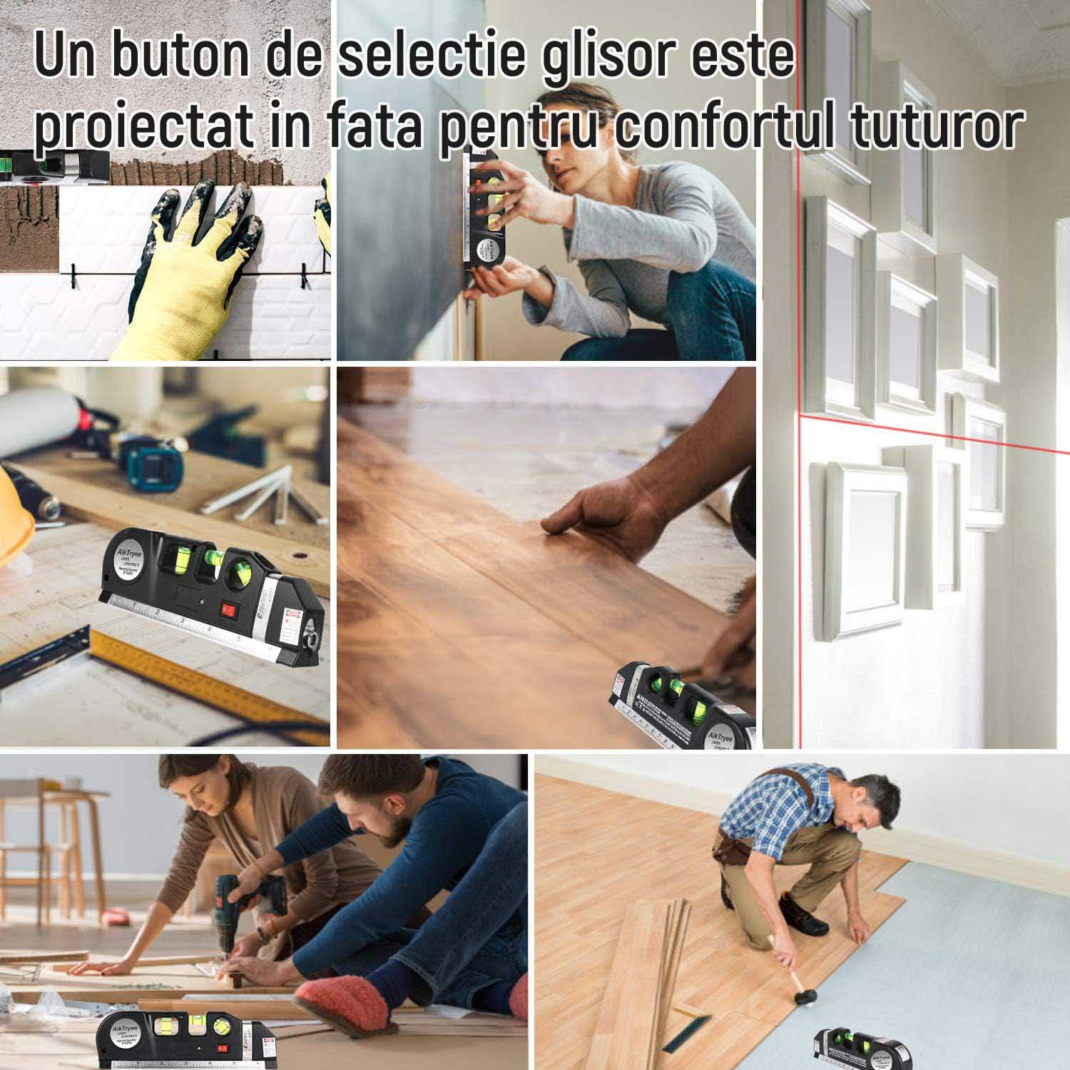 Nivela Laser cruce, orizontal si vertical, boloboc 3 bule, ruleta 2.5m ...