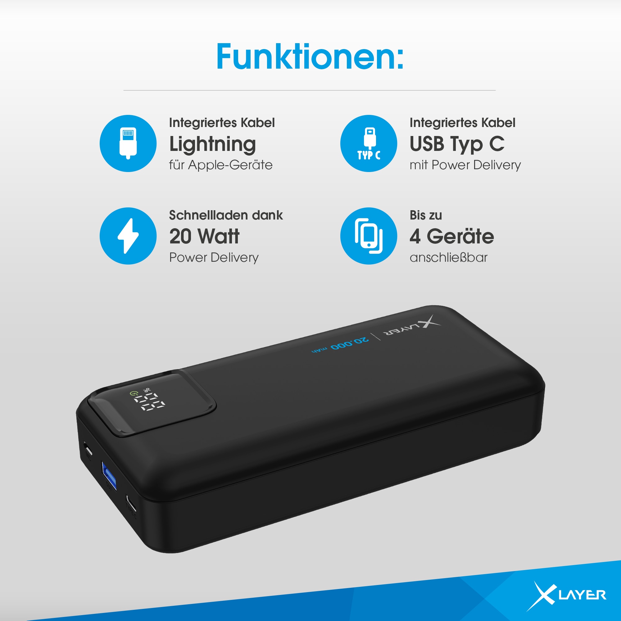 Powerbank 20000mAh XLayer PD, cabluri incorporate, afisaj LED, black ...