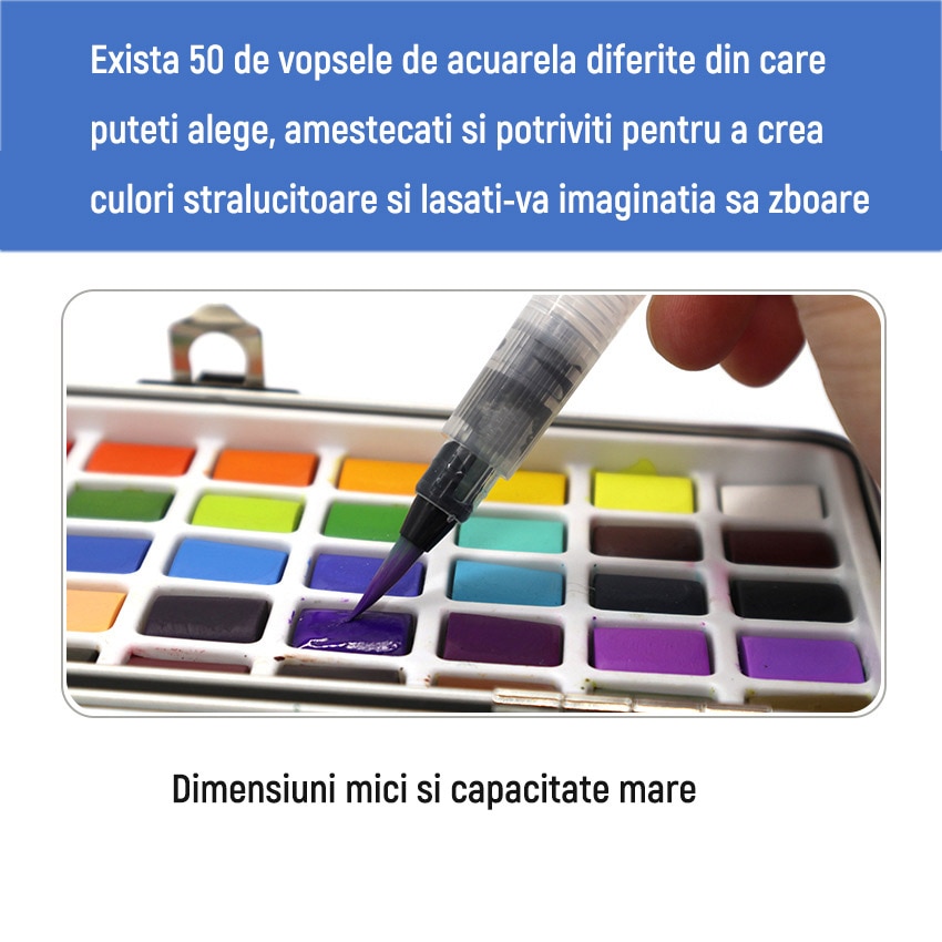 Set acuarele 50 culori, Vine cu paleta, pensule, pixuri cu 6 linii ...