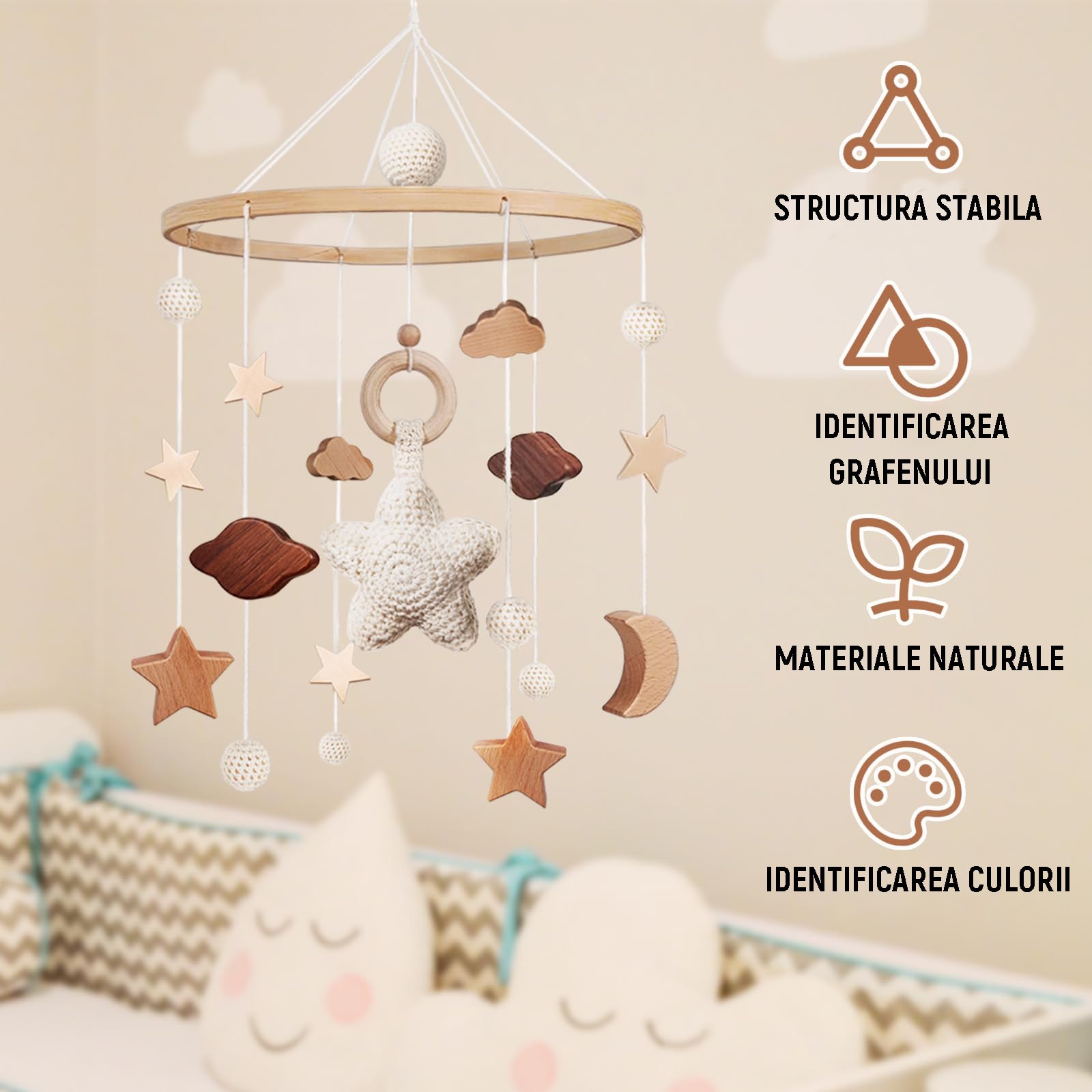 Carusel muzical pentru patut, sundiguer, Lemn/Bumbac, Multicolor - eMAG.ro