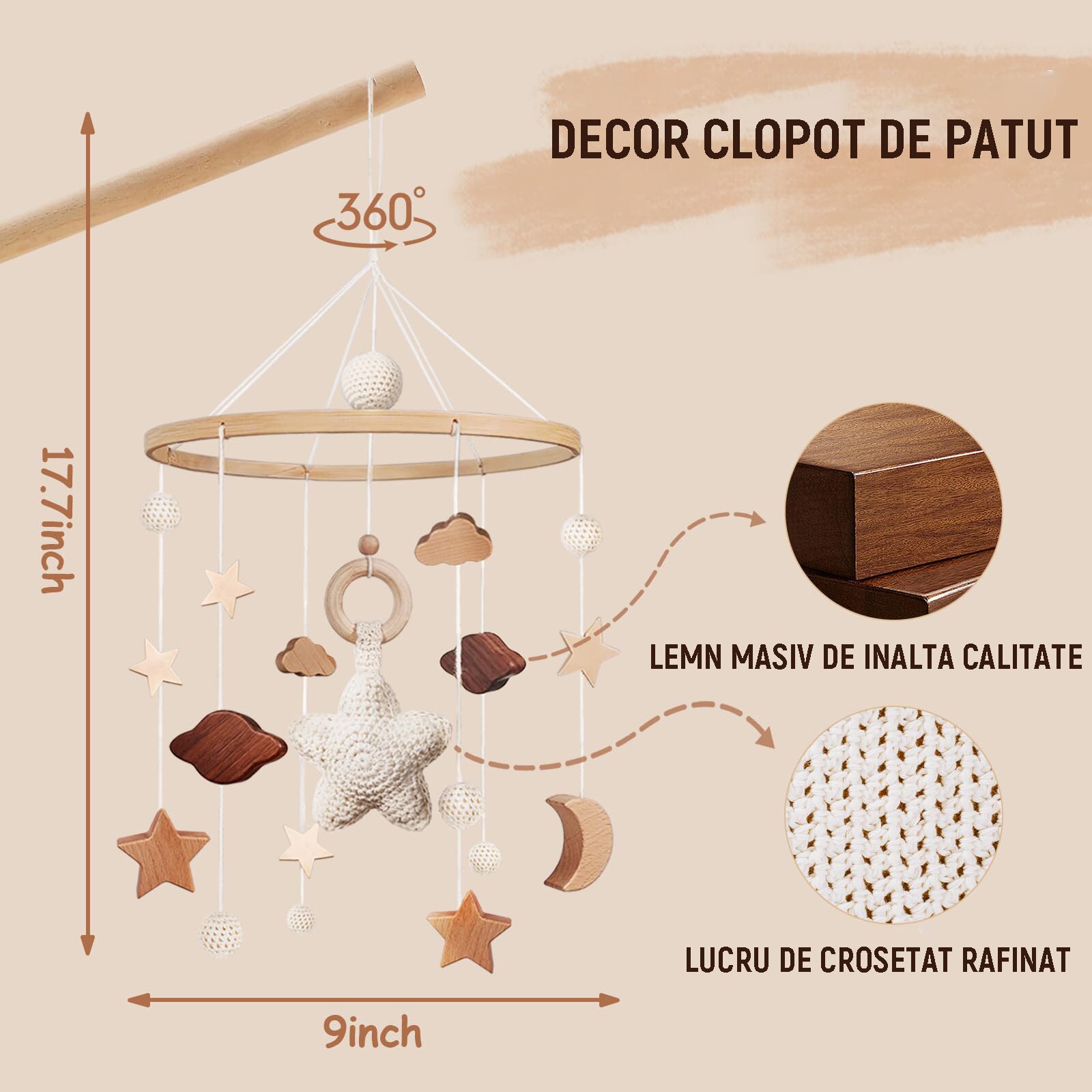 Carusel pentru patut, sundiguer, Lemn/Bumbac, Multicolor - eMAG.ro