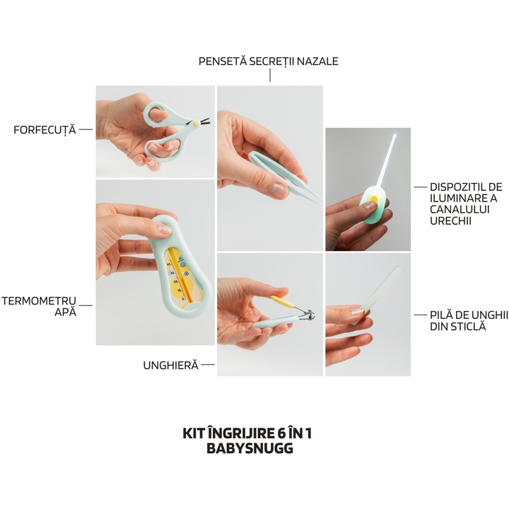 Set ingrijire bebe, kit 6 in 1 Babysnugg, Turcoaz - contine foarfeca ...