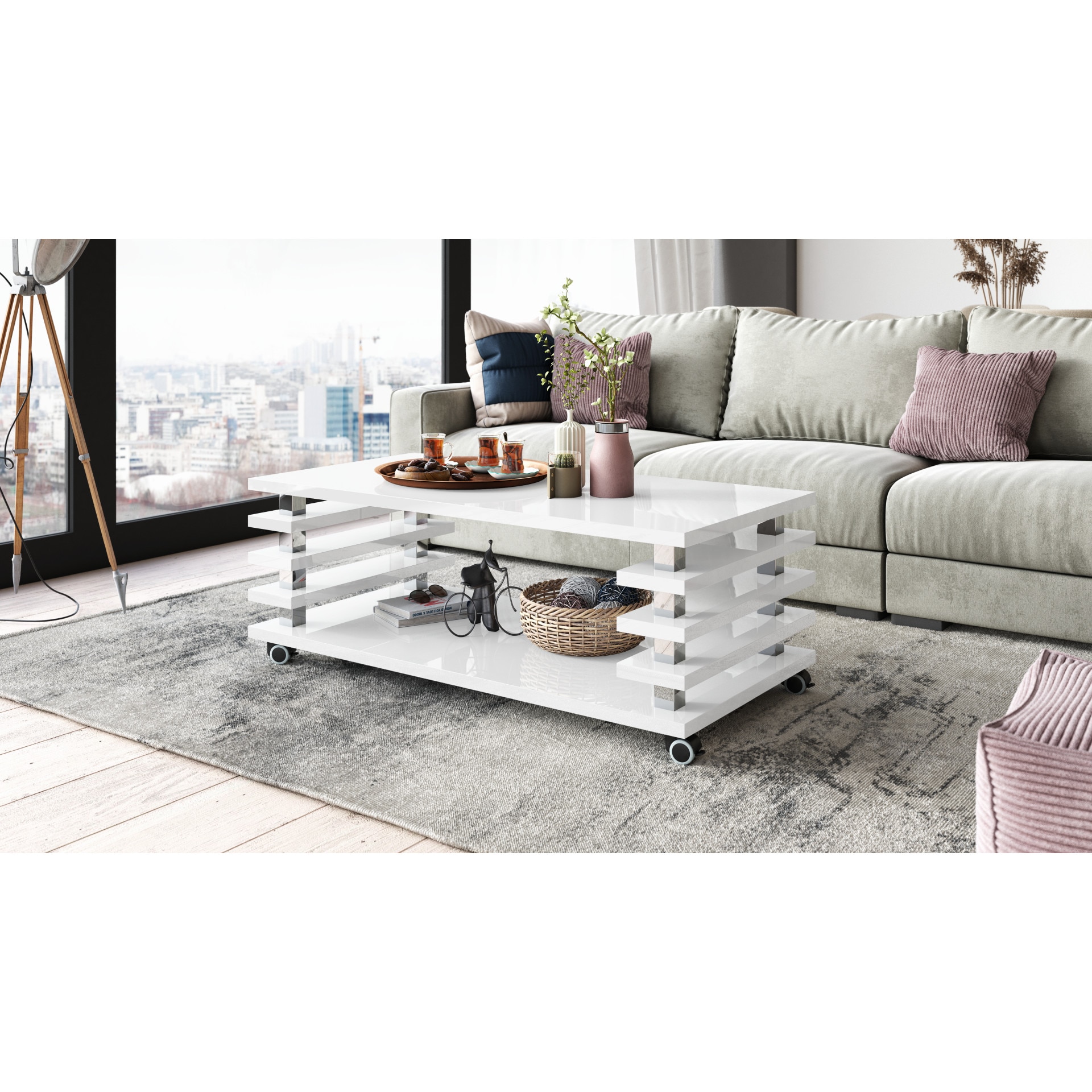 Masuta de cafea, Mazzoni, PORTO Alb Lucios, 120 cm / 60 cm, cu lamele ...