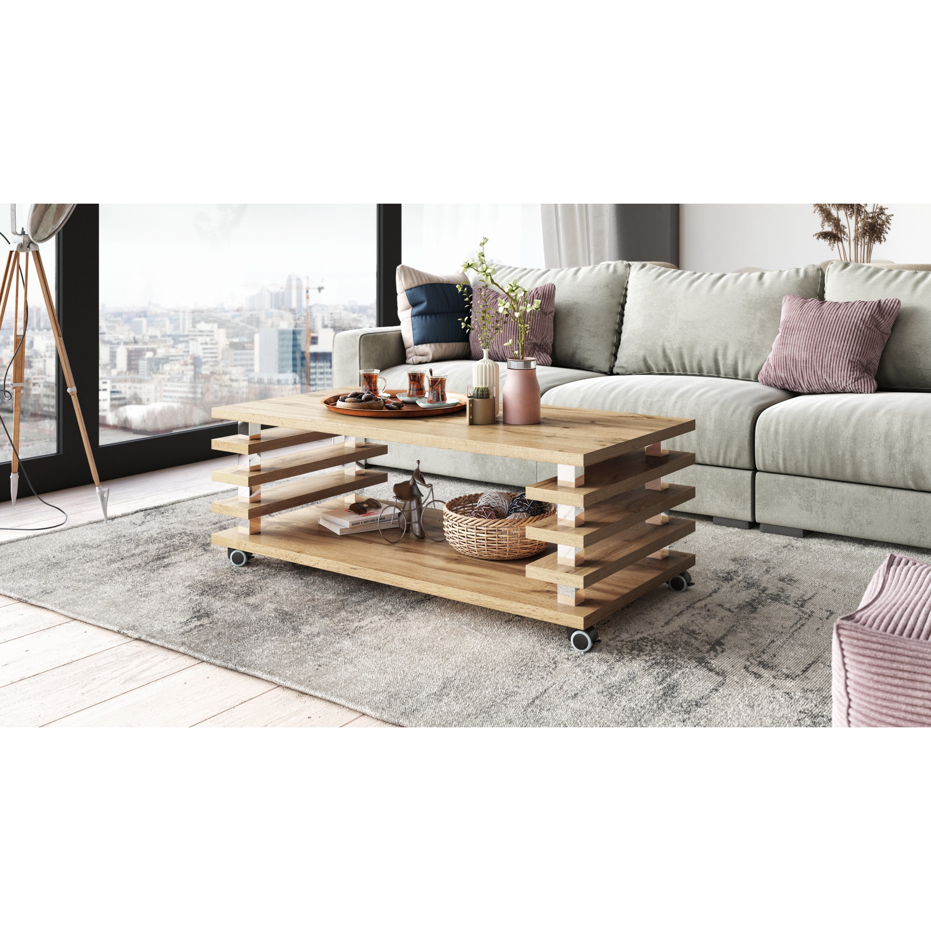 Masuta de cafea, Mazzoni, PORTO Stejar Wotan, 120 cm / 60 cm, cu lamele ...