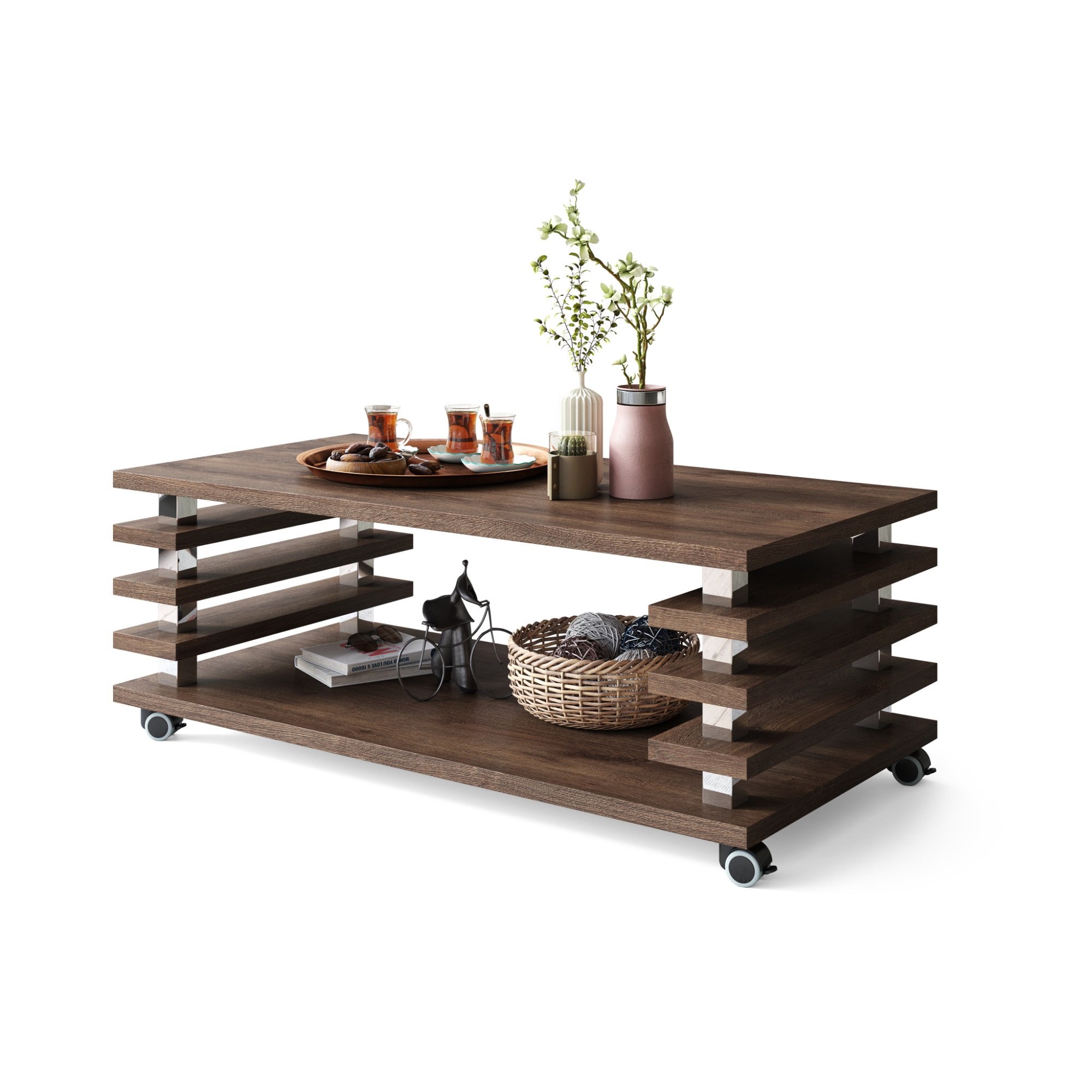 Masuta de cafea, Mazzoni, PORTO Stejar Maro, 120 cm / 60 cm, cu lamele ...