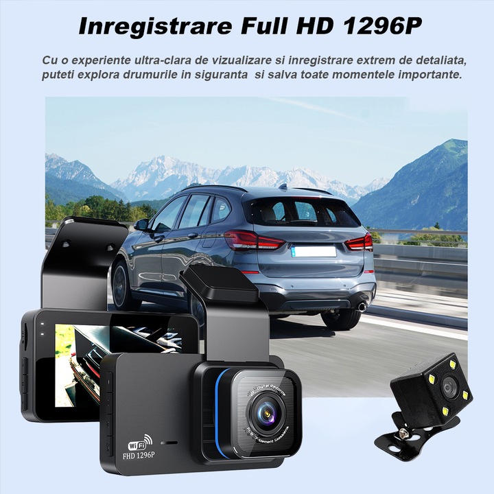 Camera Auto de bord DVR, Wi-Fi, Full HD 1296P, Vichema®, fata si spate ...