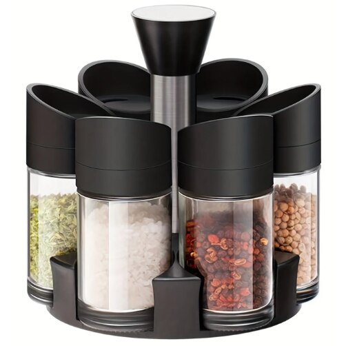 Suport pentru condimente cu 6 borcane, Negru/Argintiu, 14 x 18 cm - eMAG.ro