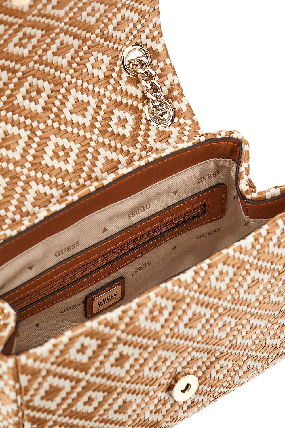 Guess, Geanta crossbody cu imprimeu Rianee, Maro, Alb - eMAG.ro