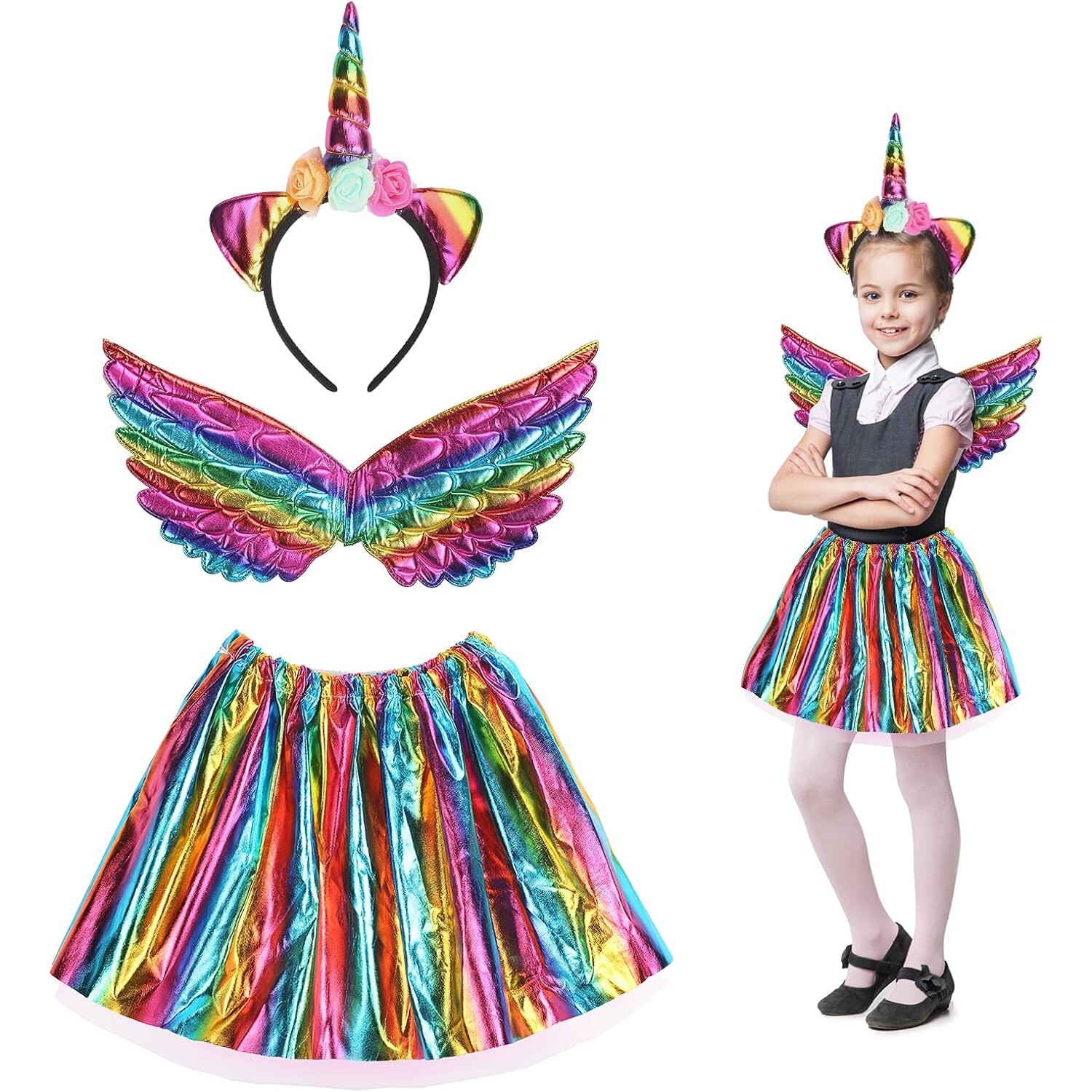 Costum carnaval pentru fetite, Zola®, model unicorn, aripi multicolore ...