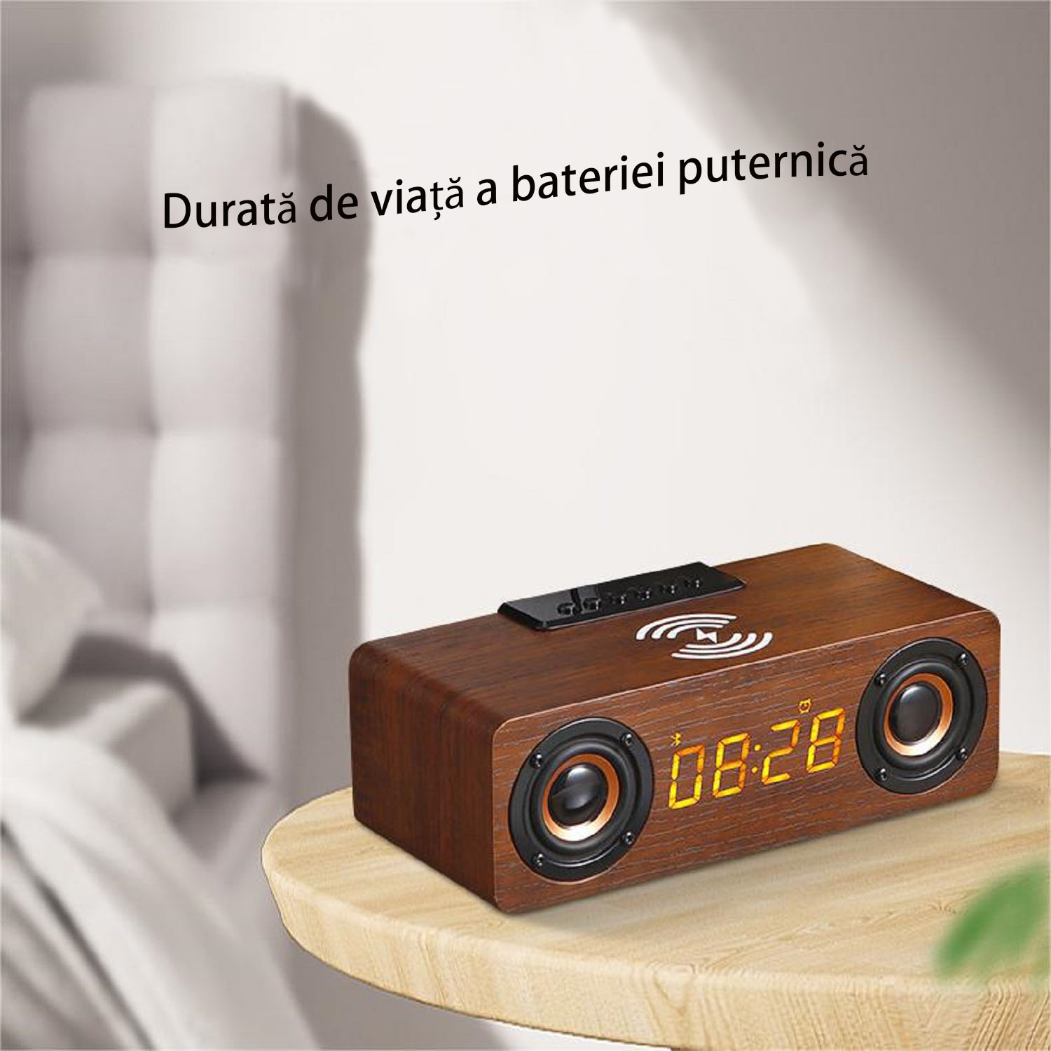 Ceas cu alarma, Bluetooth, Lemn, Radio FM, Maro - eMAG.ro