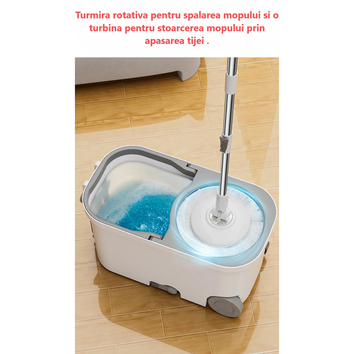 Set Galeata Mop Rotativ cu Doua rezerve, cu Stoarcere Inox si Scurgere ...