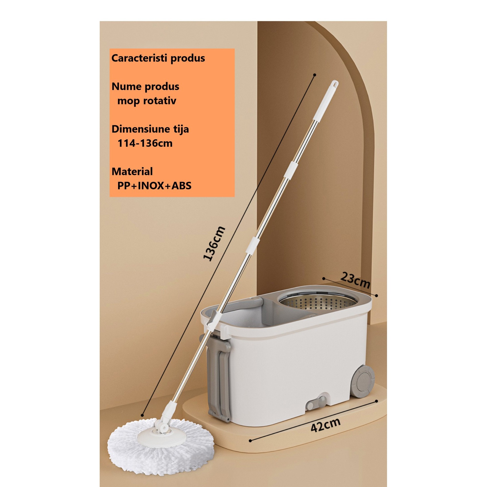 Set Galeata Mop Rotativ cu Doua rezerve, cu Stoarcere Inox si Scurgere ...