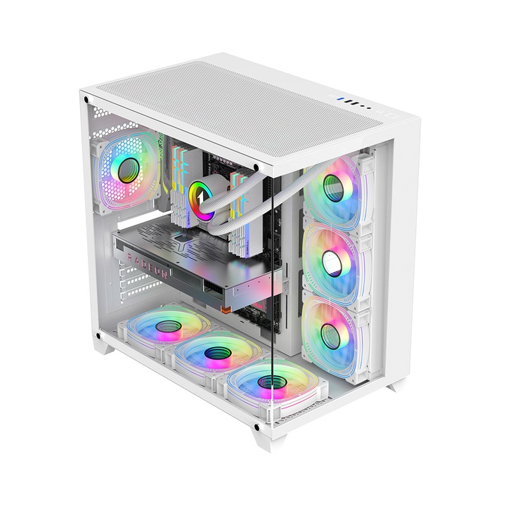 Carcasa 1stPLAYER® Gaming MV8-TP, ARGB, Cube-Tower, ATX\M-ATX\ITX, fara sursa, culoare alba ...