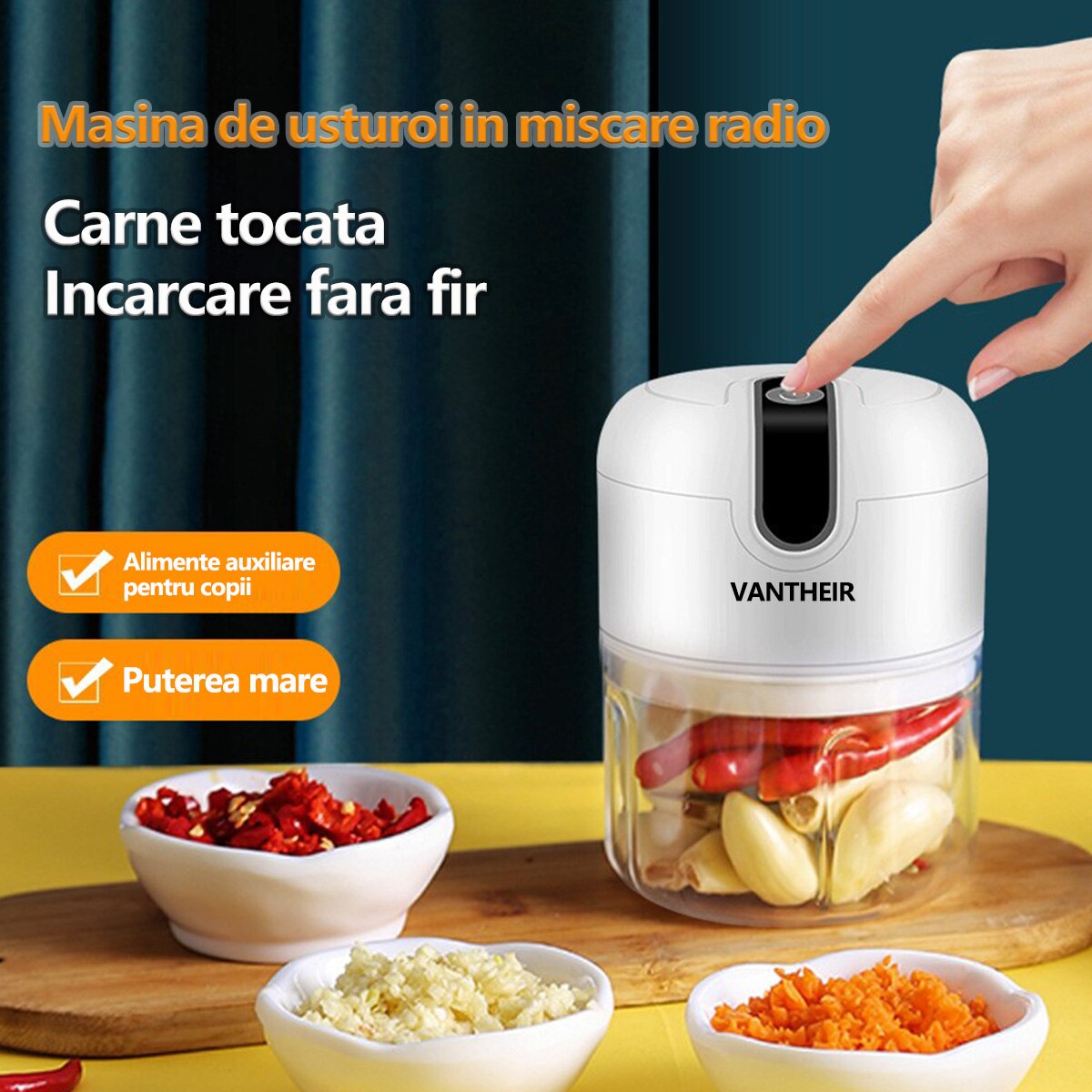 Mini portabil electric de taiere a alimentelor VANTHEIR, 250 ml, 2 lame ...