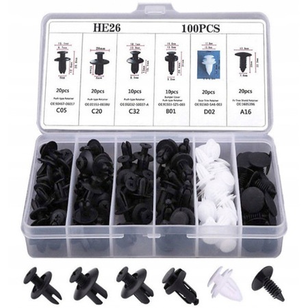 set 100 cleme si capse auto, MegaLed, Plastic, Alb/Negru - eMAG.ro