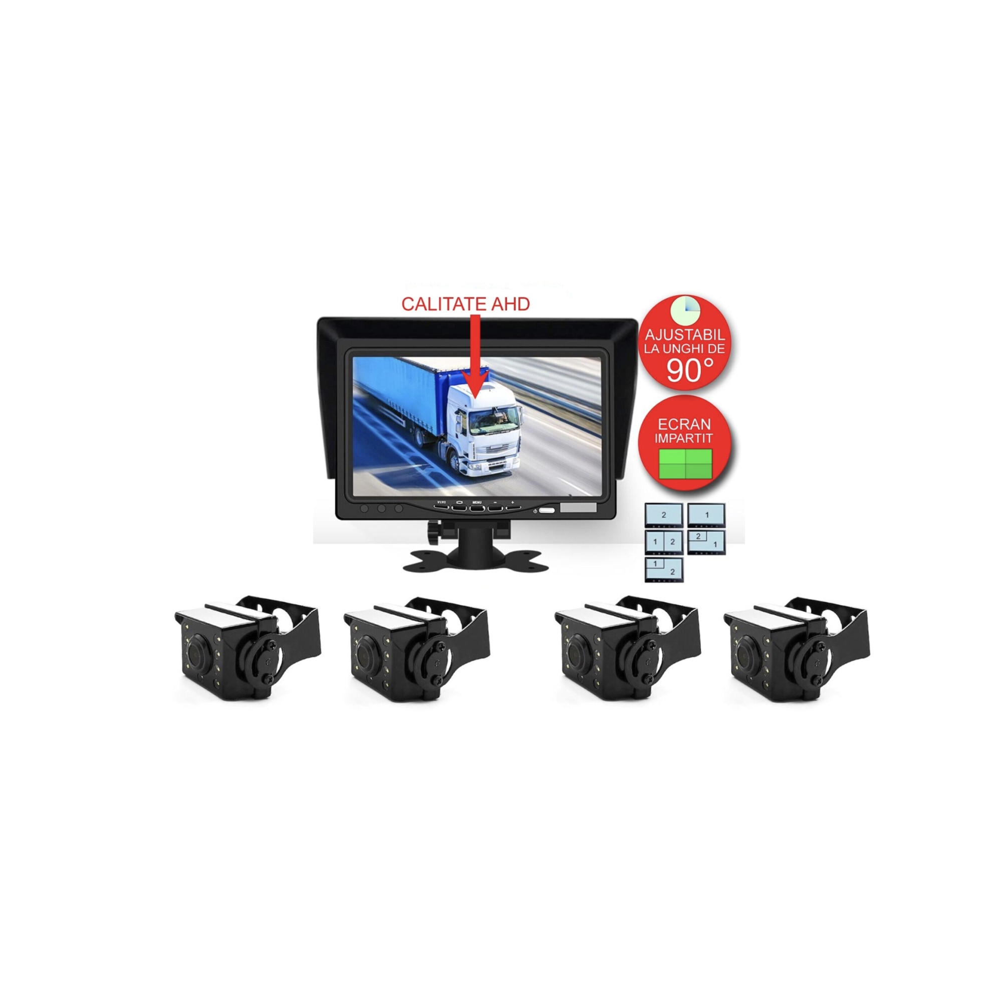 Set 4 camere auto DVR, metalice IR cu monitor, pentru tiruri, autocare ...