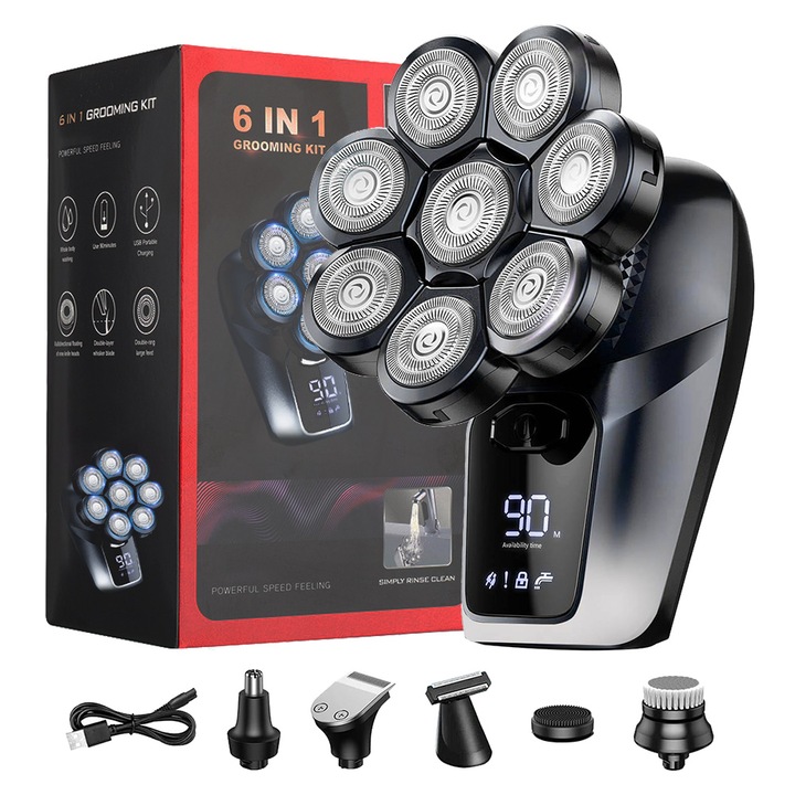 Aparat de ras electric 6 in 1, cu 6 capete, afisaj LED, Wet&Dry ...